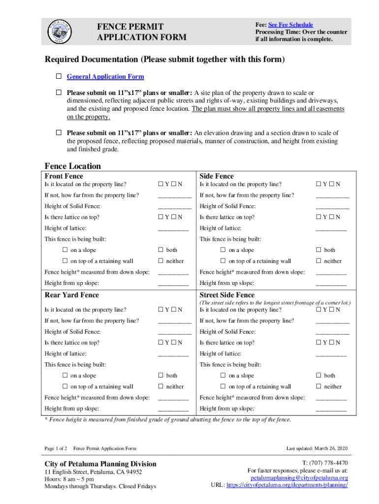 Fillable Online FENCE PERMIT APPLICATION FORM Required ... - City Of Petaluma - Fill ... Fax ...