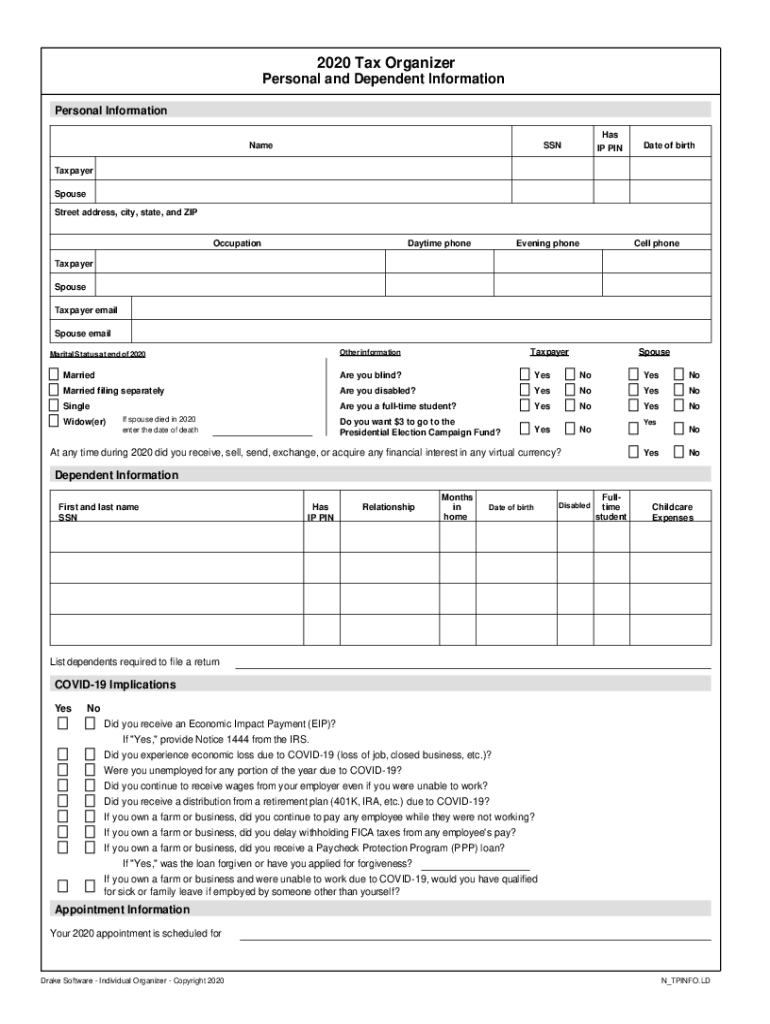 Fillable Online 2020 Tax Organizer - Personal and Dependent Information ...