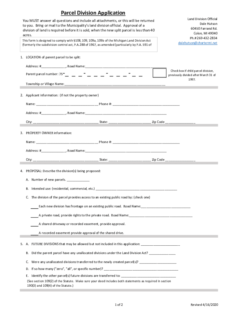 Fillable Online Parcel Division Application - Fawn River Township Fax ...