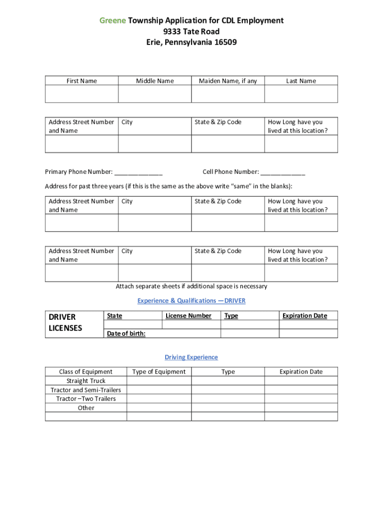 Fillable Online Greene Township Application for CDL Employment 9333 Tate ... Fax Email Print ...