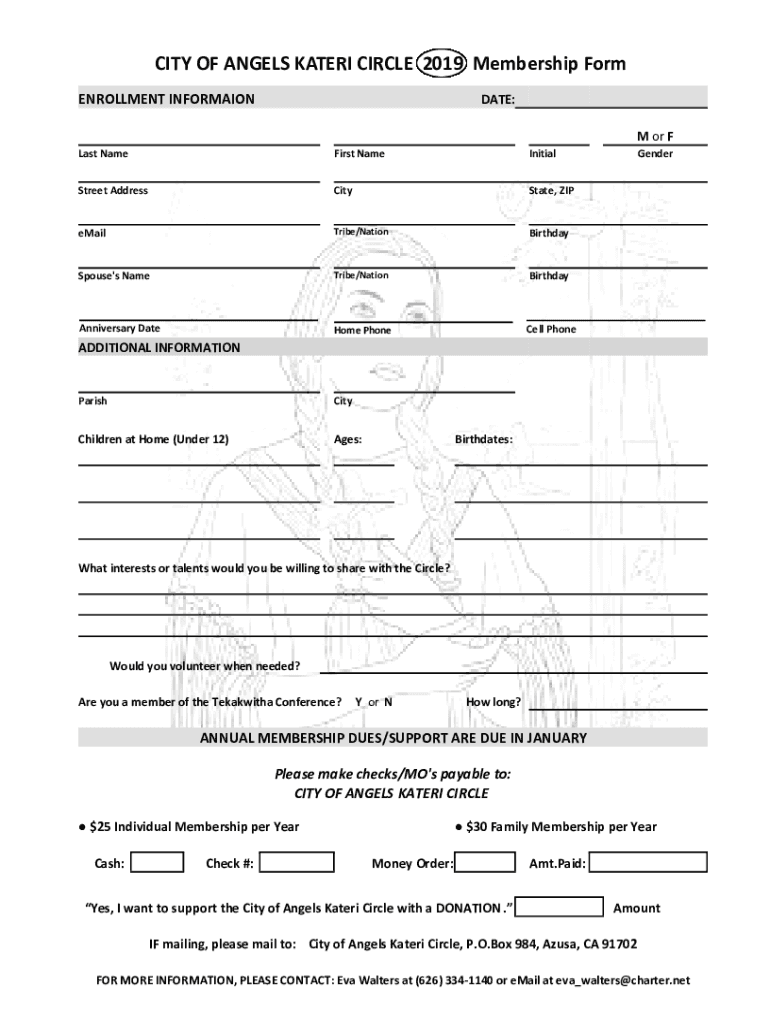 Fillable Online CITY OF ANGELS KATERI CIRCLE 2019 Membership Form Fax ...
