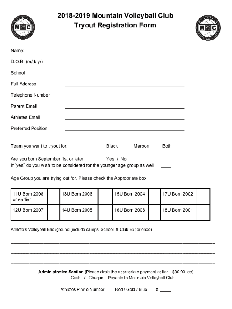 Fillable Online 2018-2019 Mountain Volleyball Club Tryout Registration ...
