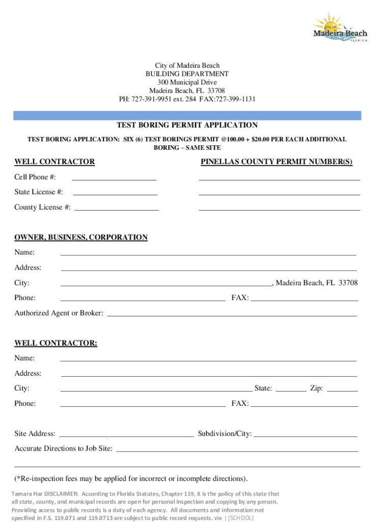 Fillable Online TEST BORING PERMIT APPLICATION WELL CONTRACTOR ... Fax ...