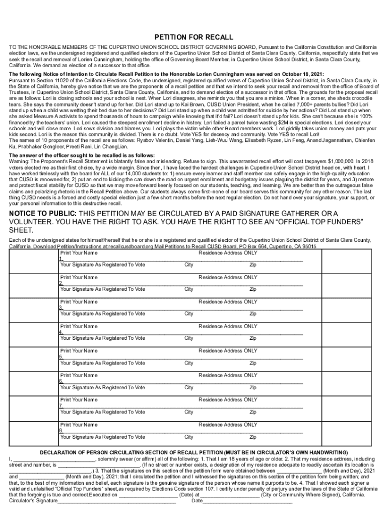 Fillable Online Petition for Recall of Lori Cunningham 8.5x11 Sample - Recall CUSD Board Fax ...