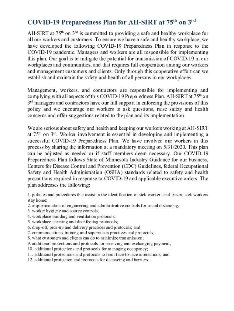 Fillable Online COVID-19 Preparedness Plan for AH-SIRT at 75th on 3rd ...