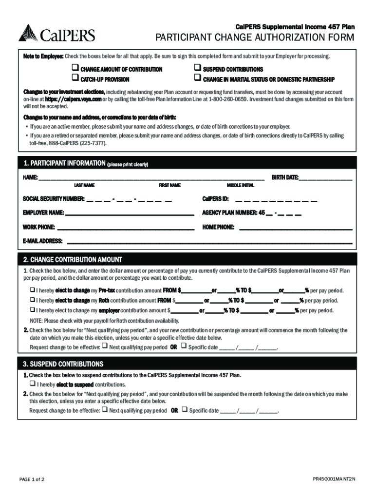 CalPERS 457 Plan Change Authorization Form - Blank Fillable Template ...