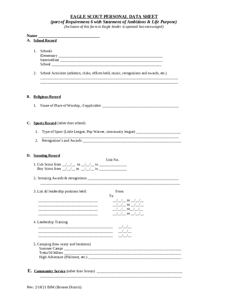 Get Eagle Scout Personal Data Sheet - US Legal s Doc Template | pdfFiller