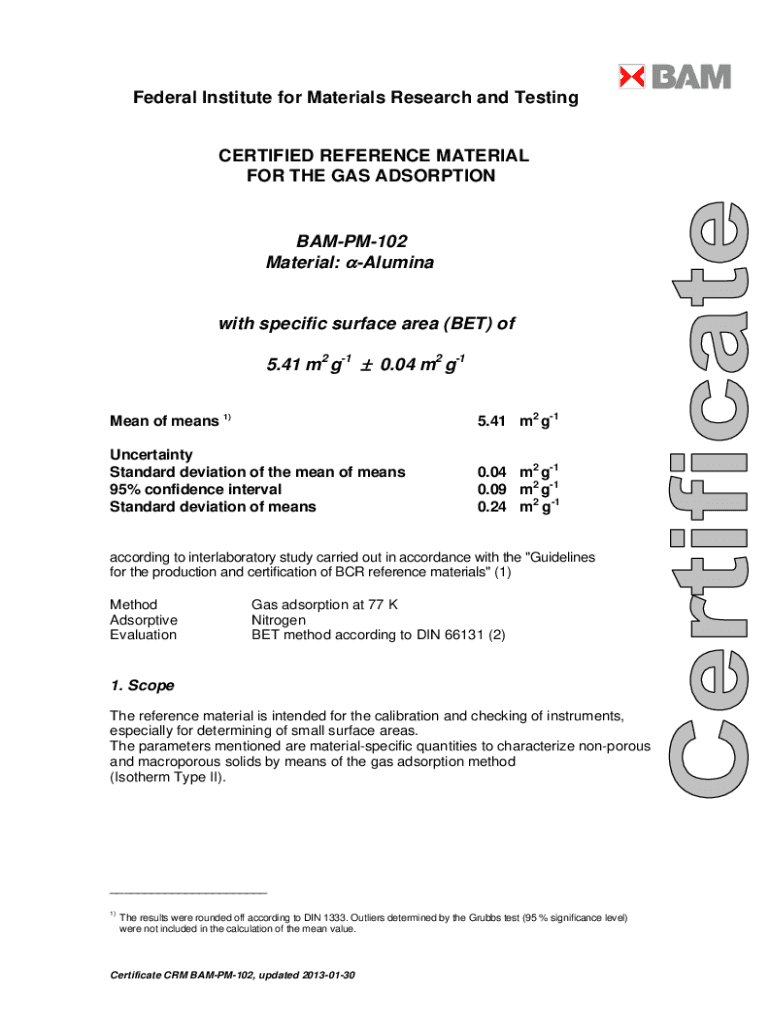 Fillable Online Zertifikat, certificate"BAM-PM.102". Porous reference ...