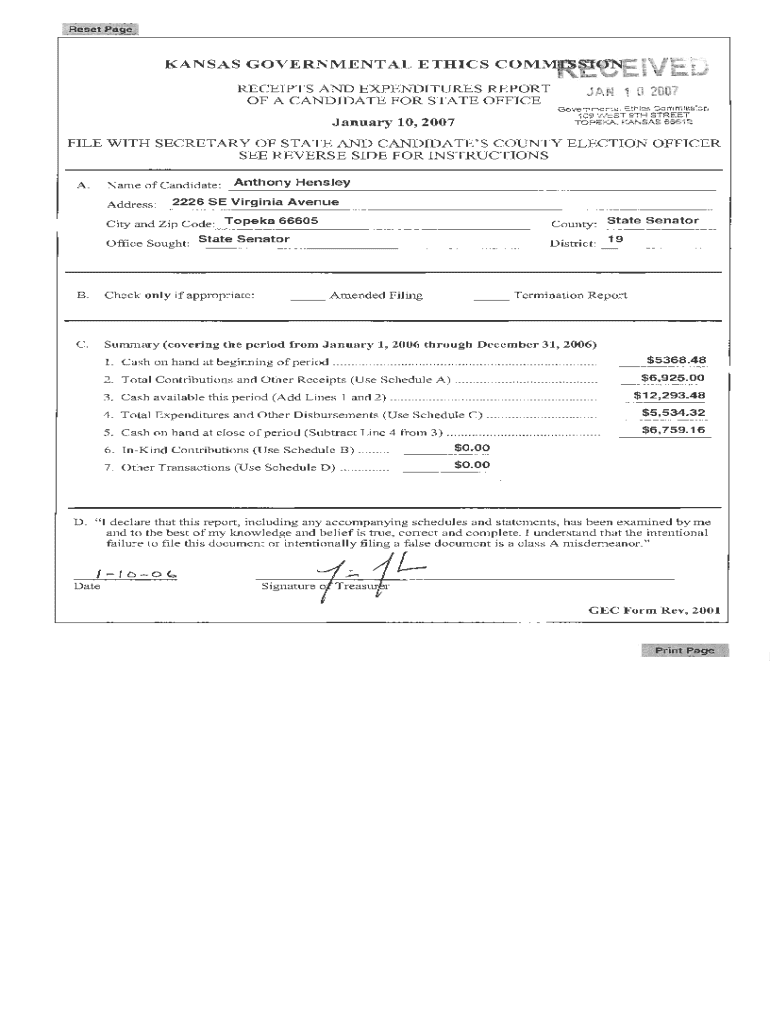 Fillable Online ethics ks RECEIPTS AND EXPENDITURES REPORT OF A ...