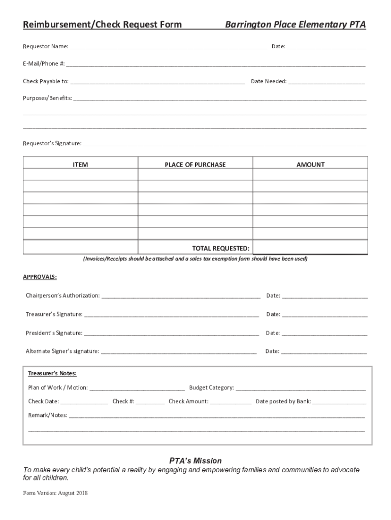 Fillable Online Reimbursement/Check Request Form Barrington Place ...