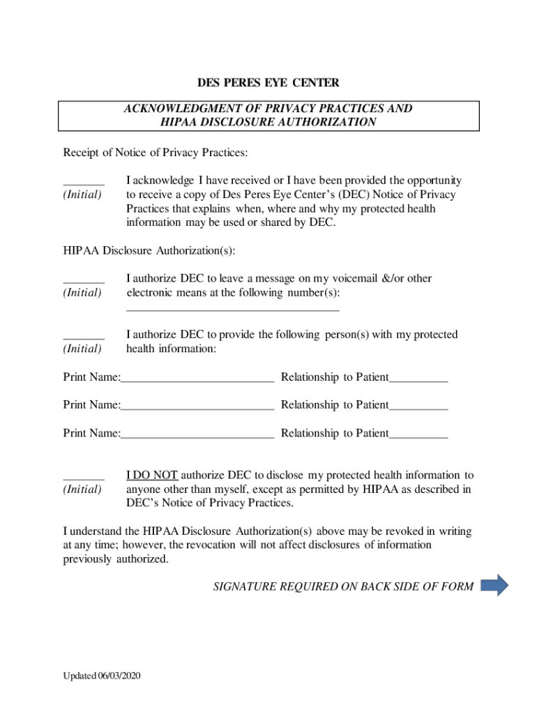 Fillable Online ACKNOWLEDGMENT OF PRIVACY PRACTICES AND HIPAA ...