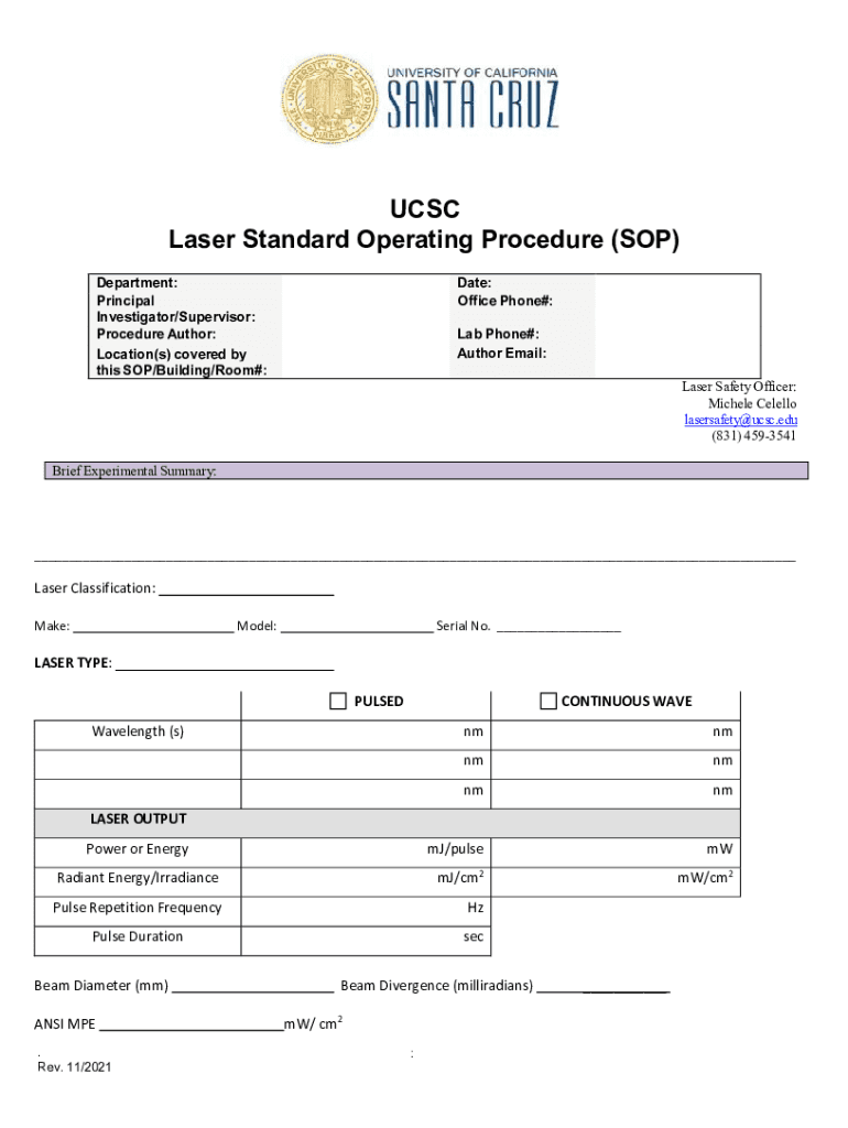 Fillable Online ehs ucsc Laser Standard Operating Procedure (SOP ...