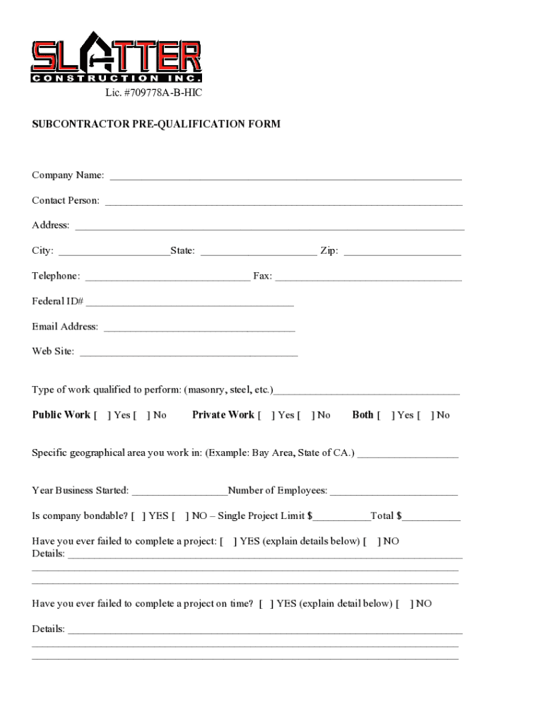 Fillable Online Subcontractor Forms & Requirements Table of Contents ...