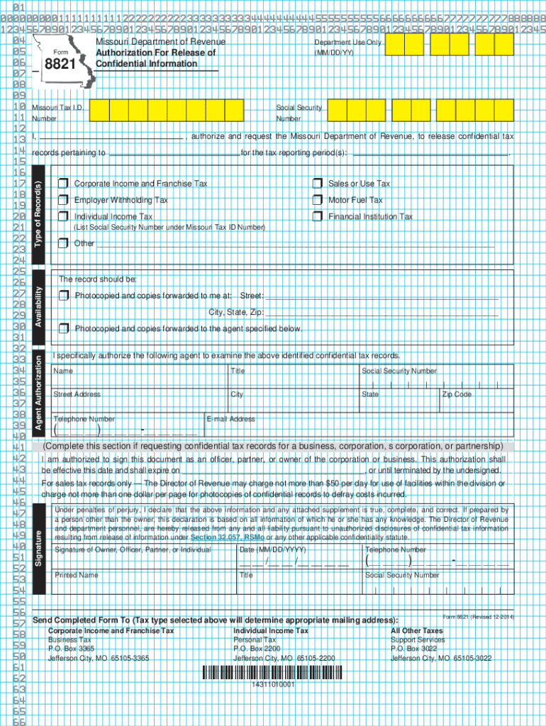 Fillable Online dor mo Form 8821 -Authorization For Release of ...