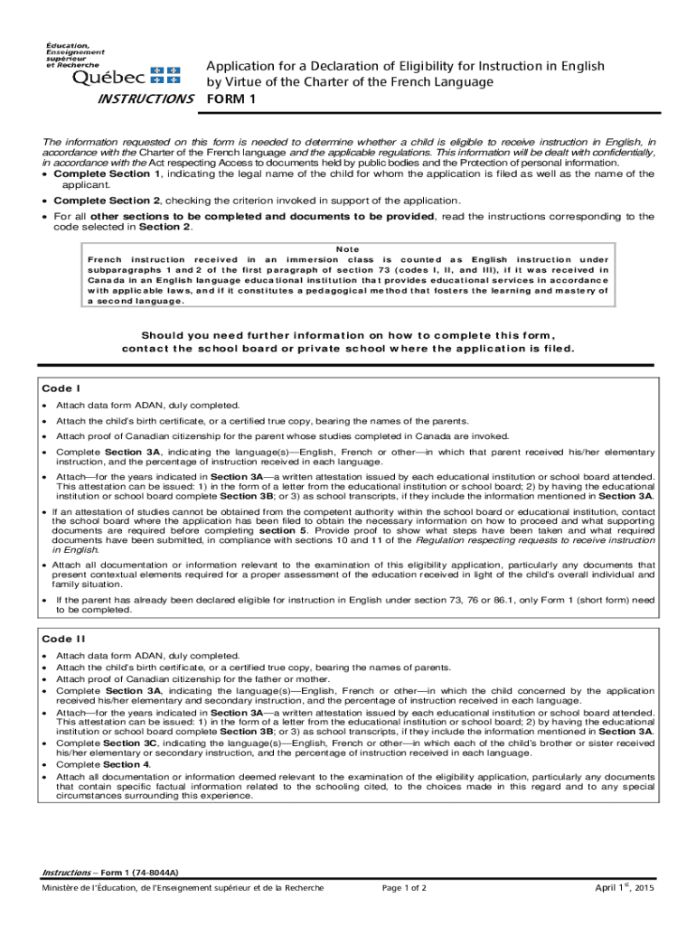 Fillable Online FORM 1 - Application for a Declaration of Eligibility for Instruction ... Fax ...