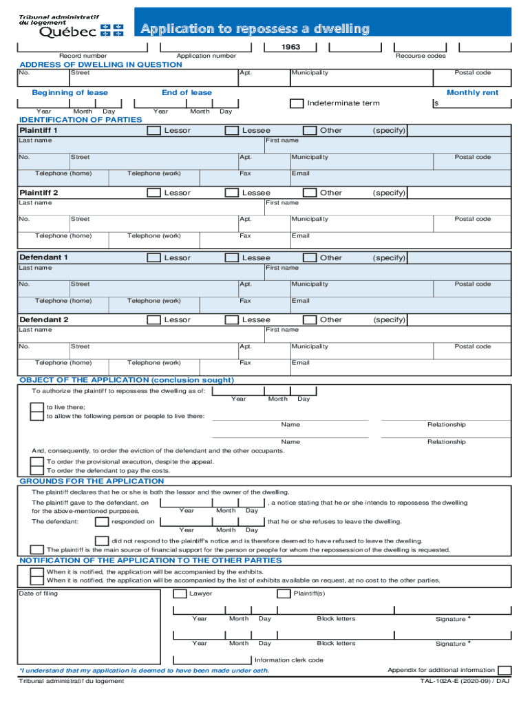 Fillable Online www.tal.gouv.qc.caenapplication-forms-to-courtApplication to repossess a ...