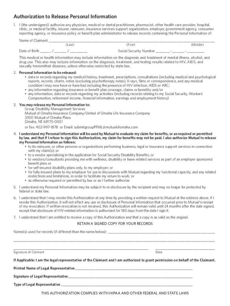 Fillable Online Authorization to Release Personal Information - Mutual ...