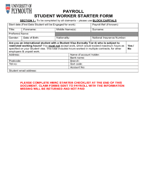Fillable Online www.plymouth.ac.ukuploadsproductionPAYROLL STUDENT ...