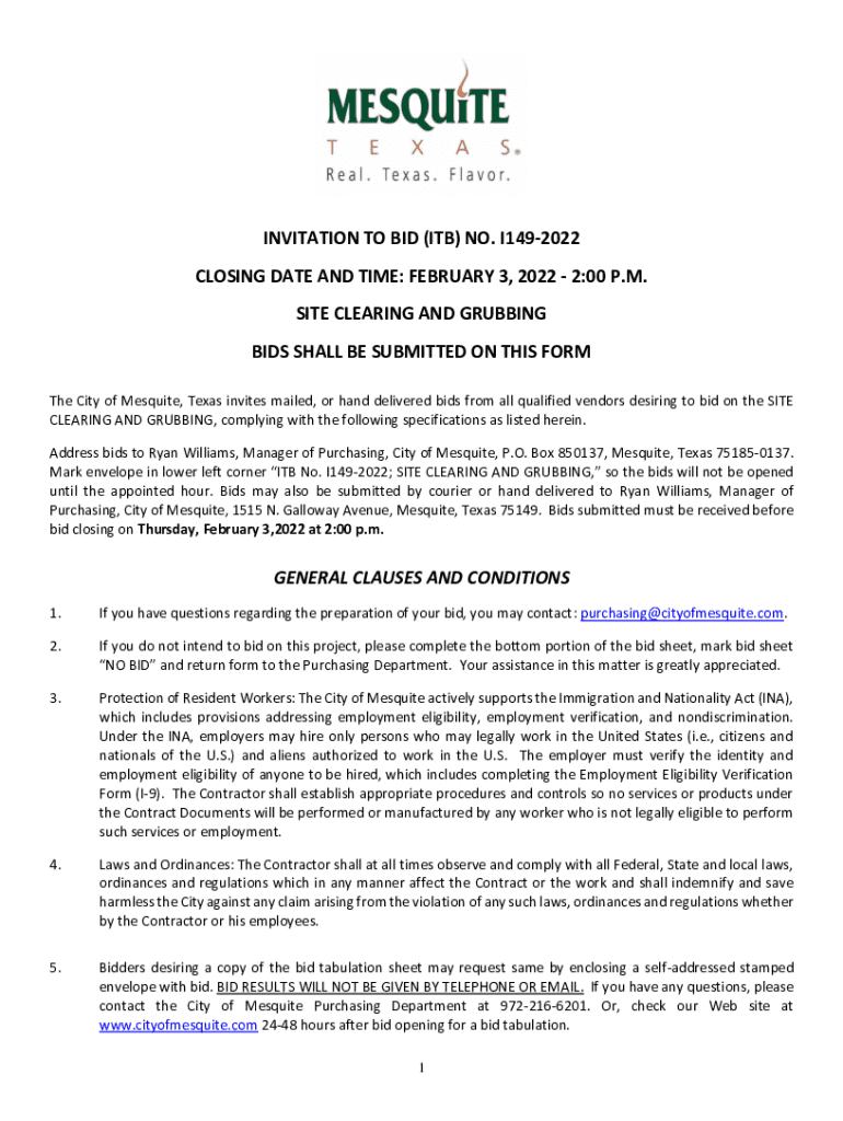 Fillable Online INVITATION TO BID (ITB) NO. I149-2022 CLOSING DATE AND ...