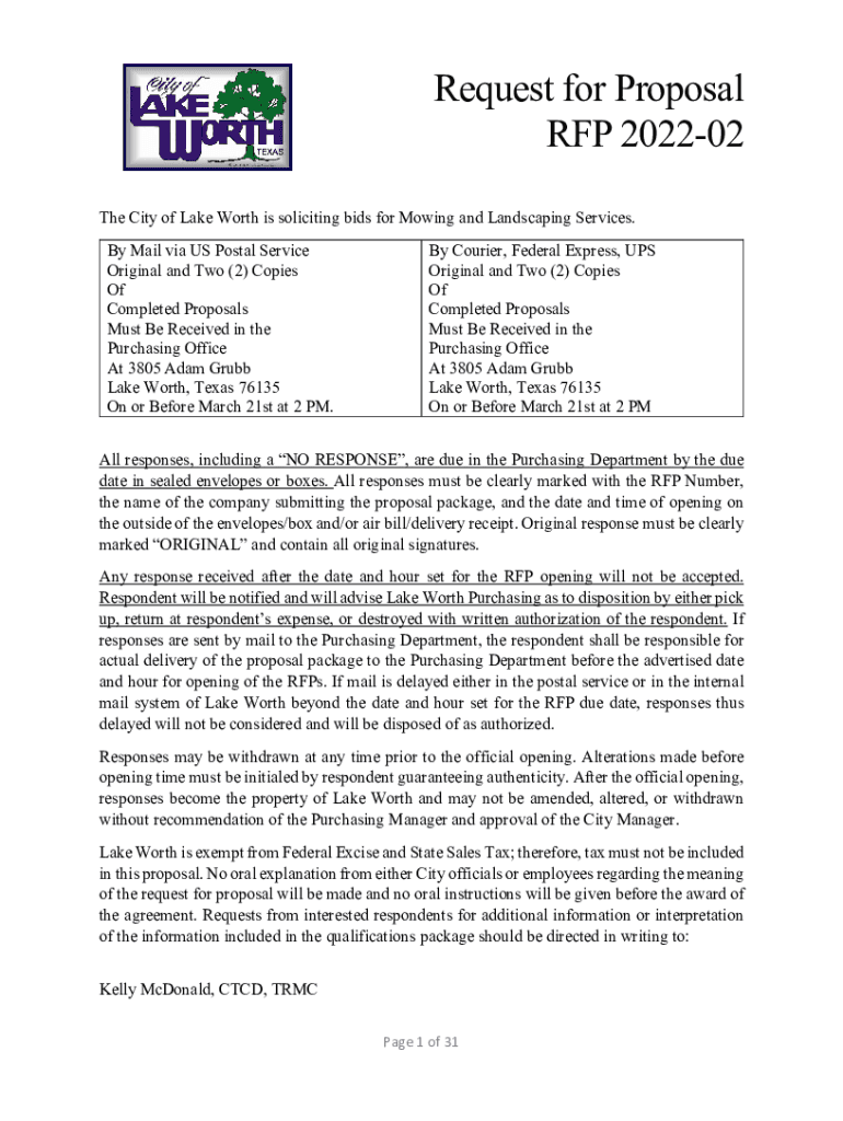 Fillable Online Request for Proposal RFP 2022-02Lake Worth, Texas Fax ...
