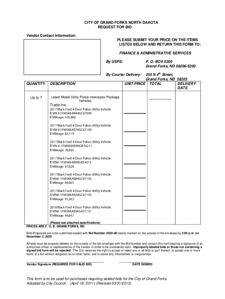 Fillable Online CITY OF GRAND FORKS NORTH DAKOTA REQUEST FOR BID Vendor ...
