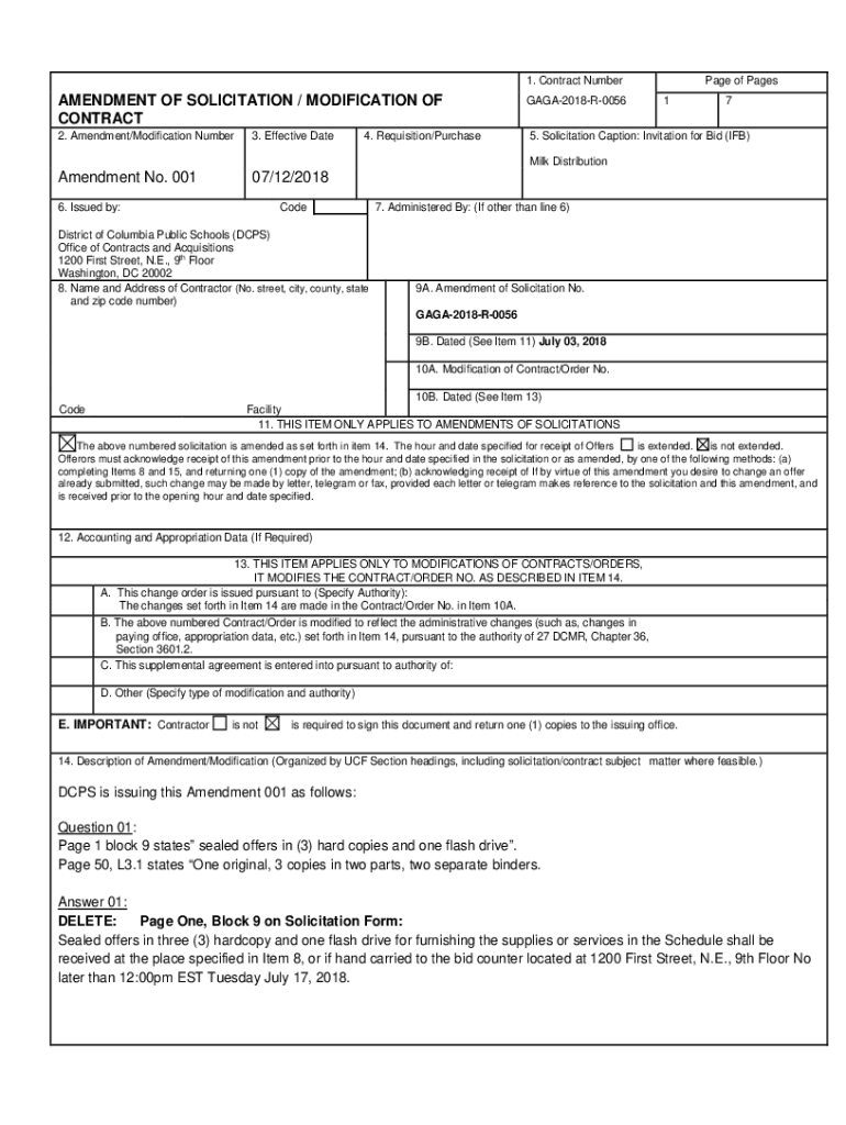 Fillable Online AMENDMENT OF SOLICITATION / MODIFICATION OF CONTRACT - Washington, D.C. Fax ...