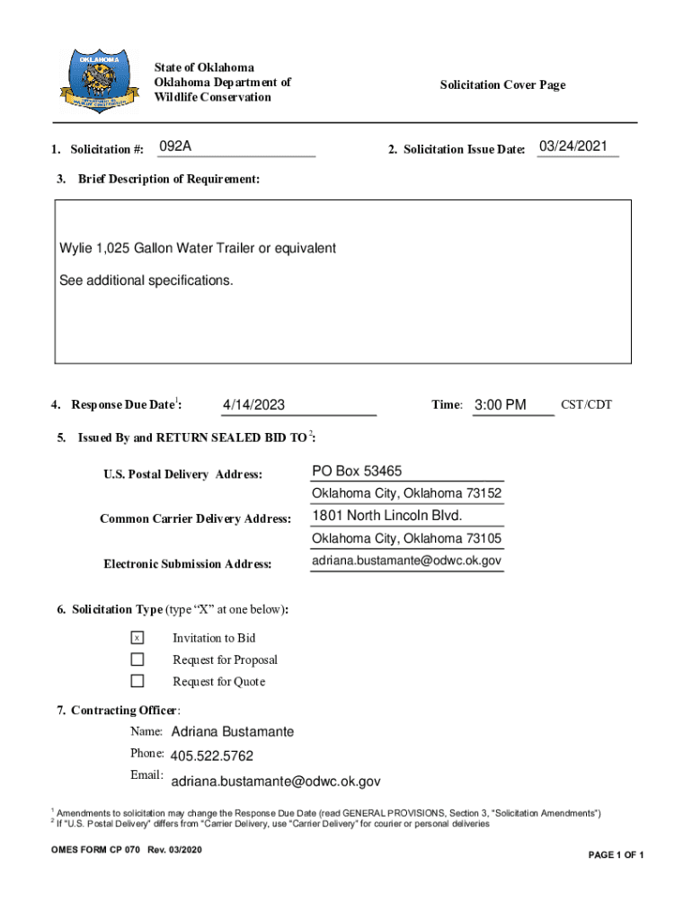 Fillable Online State of Oklahoma Solicitation Cover Page Wildlife ...