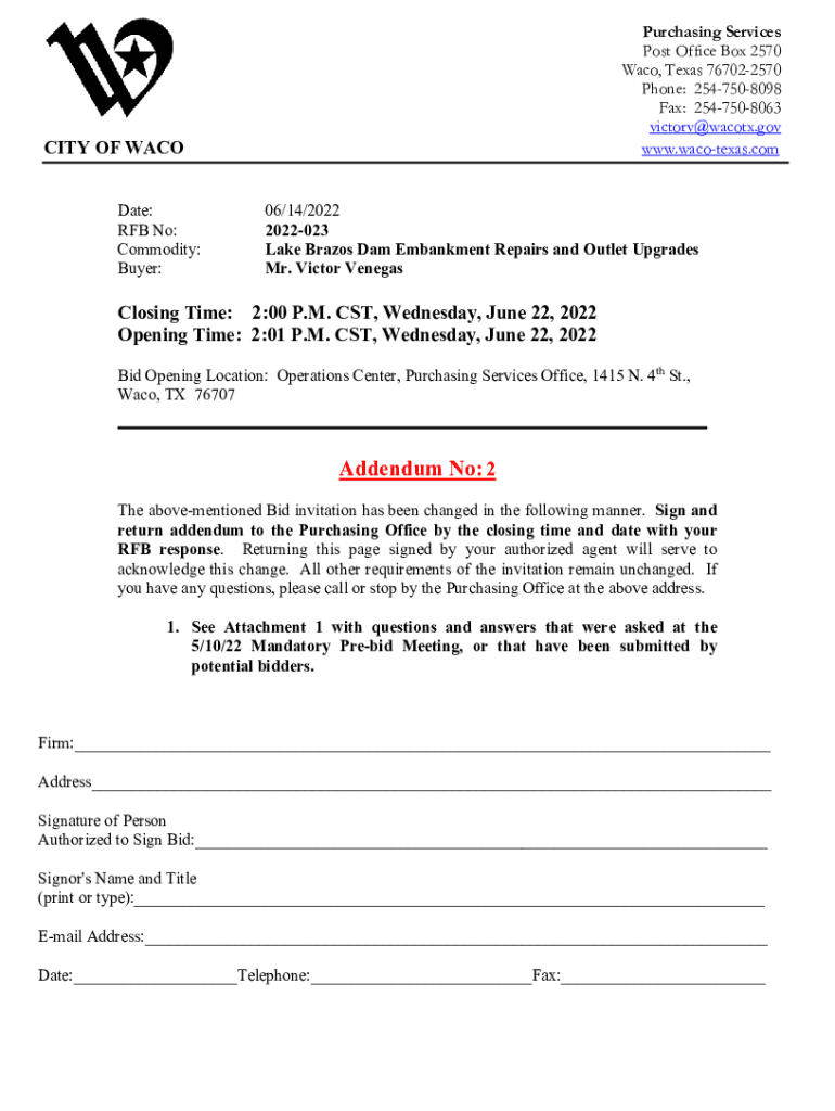 Fillable Online Addendum No: 1 - Waco, Texas Fax Email Print - pdfFiller