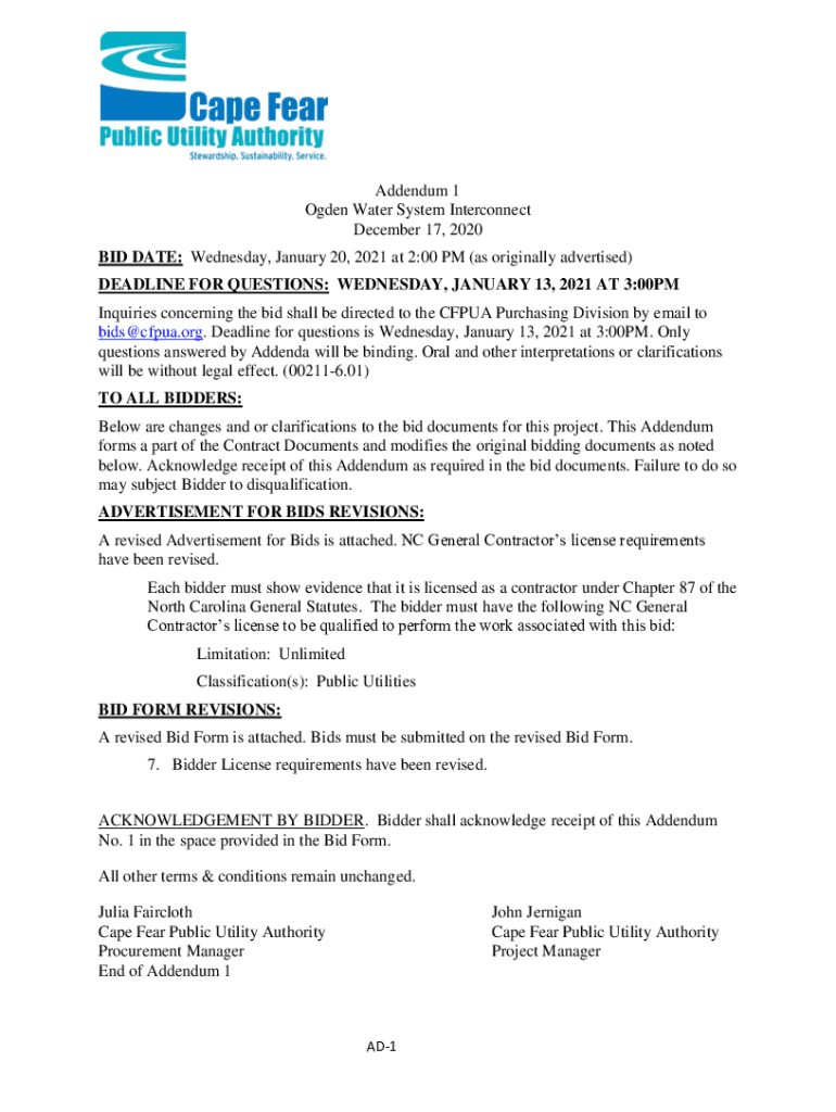 Fillable Online Addendum 1 Ogden Water System Interconnect - BidNet Fax ...