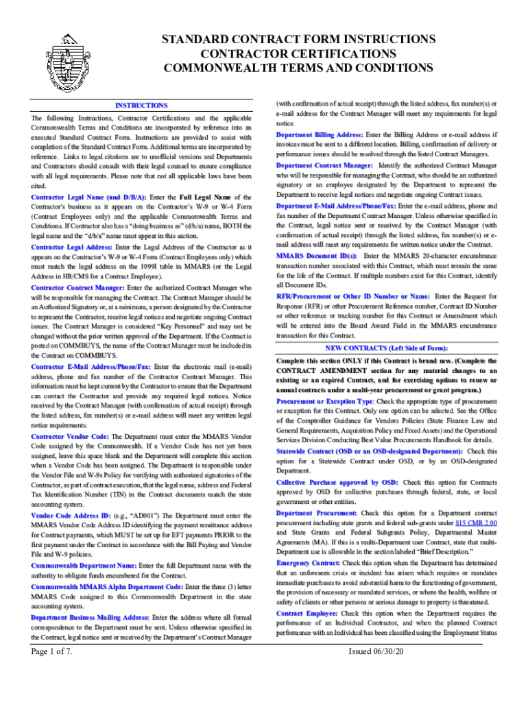 Fillable Online STANDARD CONTRACT FORM INSTRUCTIONS ... Fax Email Print ...