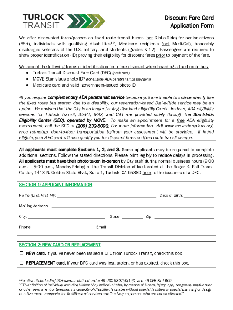 Fillable Online Discount Fare Card Application Form - Turlock Transit ...