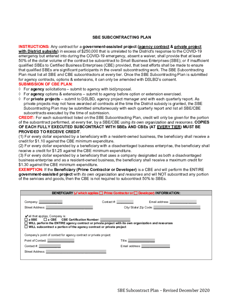 Fillable Online SBE SUBCONTRACTING PLAN INSTRUCTIONS: government ...