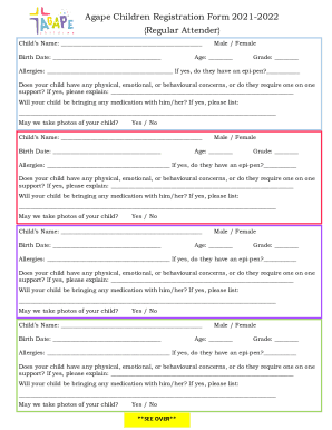 Fillable Online Agape Children Registration Form 2021-2022 Regular ...