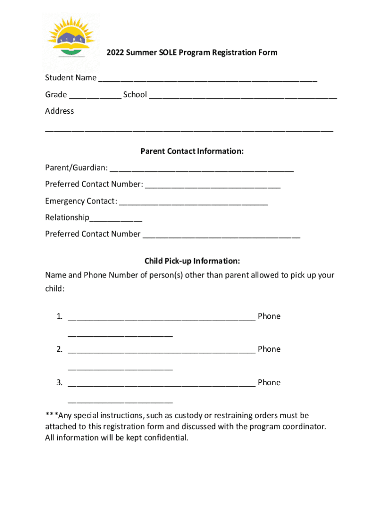 Fillable Online 2022 Summer SOLE Program Registration Form Student Name ...
