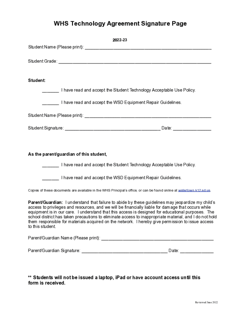 Fillable Online WHS Technology Agreement Signature Page Fax Email Print ...
