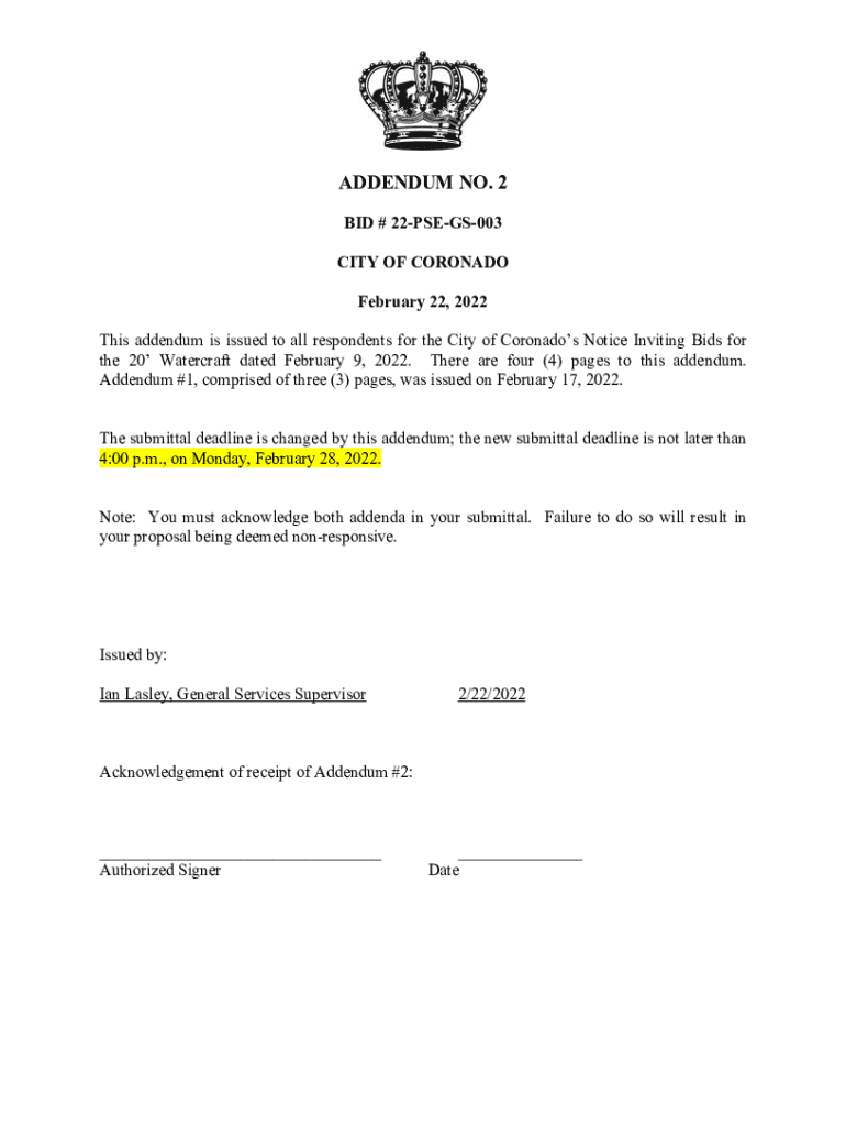 Fillable Online ADDENDUM NO - City of Coronado Fax Email Print - pdfFiller