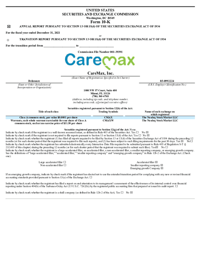 Fillable Online Form 10-K CareMax, Inc. Fax Email Print - pdfFiller