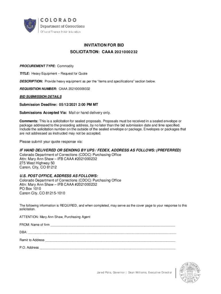 Fillable Online INVITATION FOR BID SOLICITATION: CAAA 2021000232 Fax ...