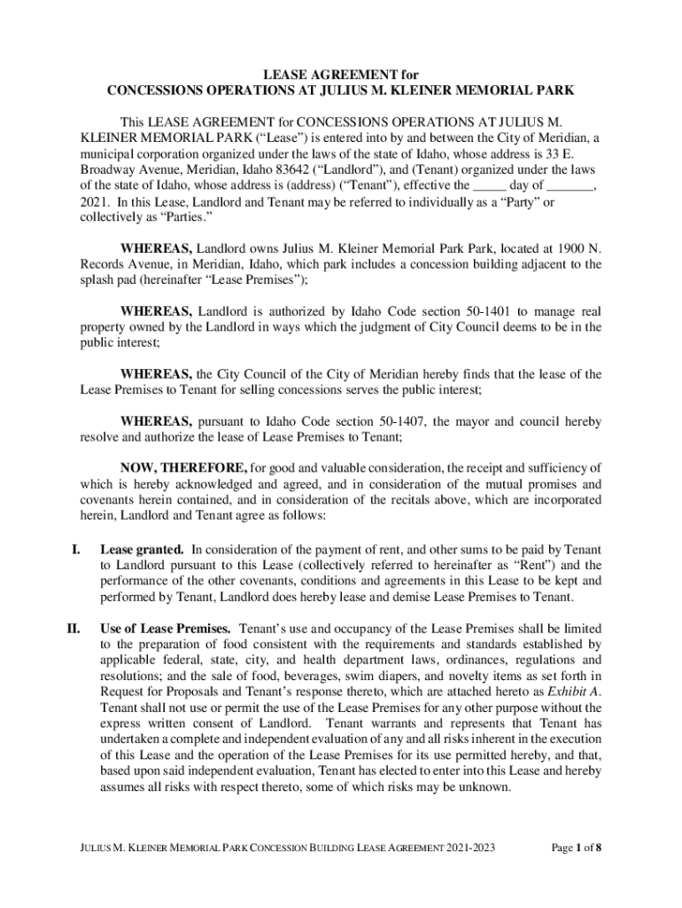 Fillable Online 4 - Sample Agreement - Kleiner Park Concessions Lease ...