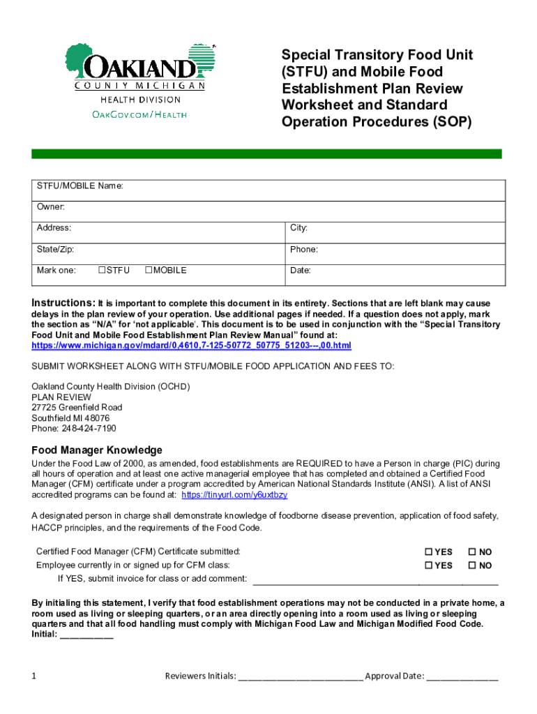 Fillable Online Special Transitory Food Unit (STFU) and Mobile Food ...