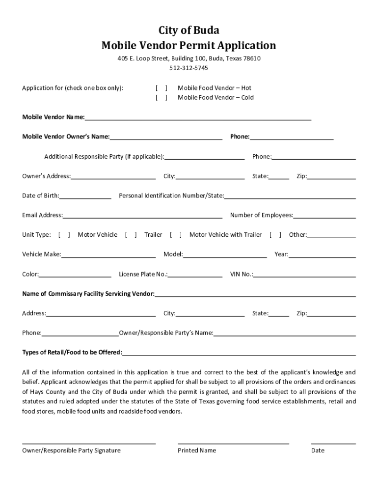 Fillable Online City of Buda Mobile Vendor Permit Application Fax Email ...