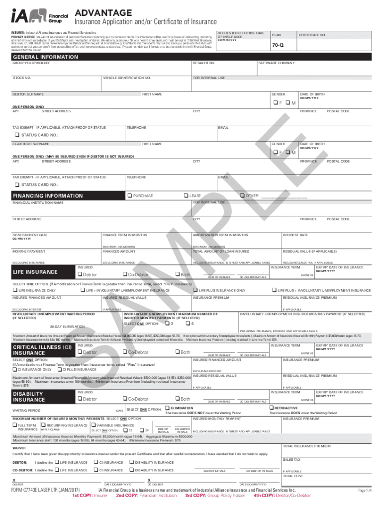 Fillable Online ADVANTAGE CERTIFIED Insurance Application and/or ...