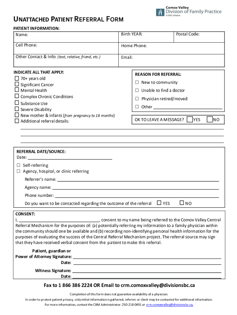 Fillable Online pathwaysmedicalcare.ca wp-content uploadsUnattached Patient Referral Form ...