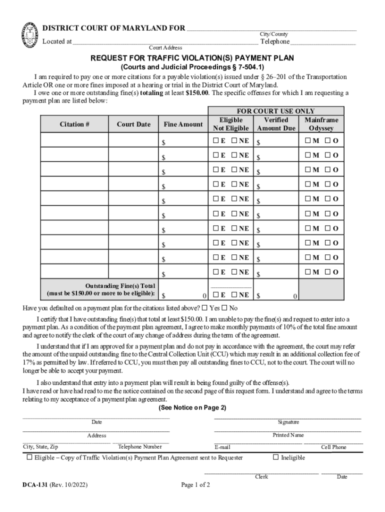 Fillable Online REQUEST FOR TRAFFIC VIOLATION(S) PAYMENT PLAN Fax Email ...