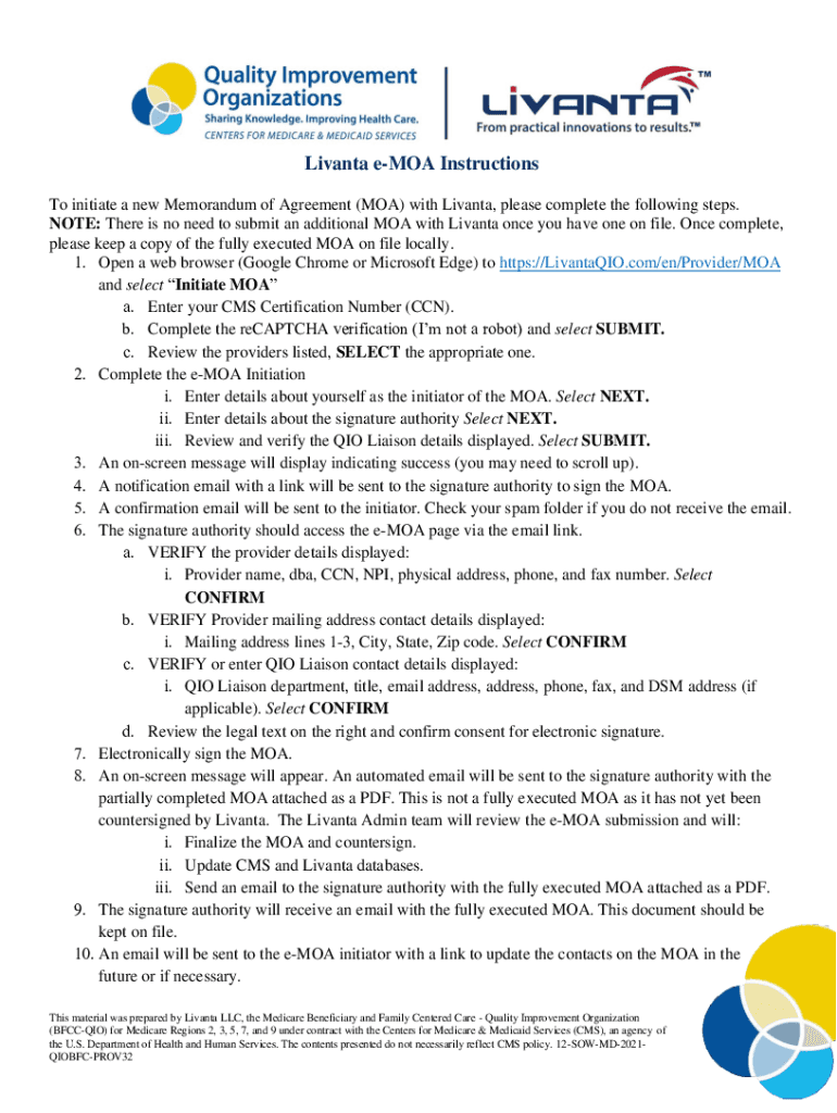 Fillable Online Livanta's Memorandum of Agreement (MOA) for Healthcare ...