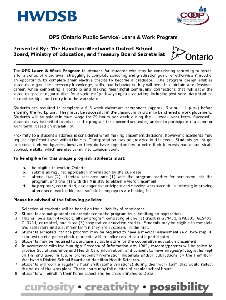 Fillable Online STUDENT APPLICATION FORM - Hamilton - HWDSB Fax Email ...
