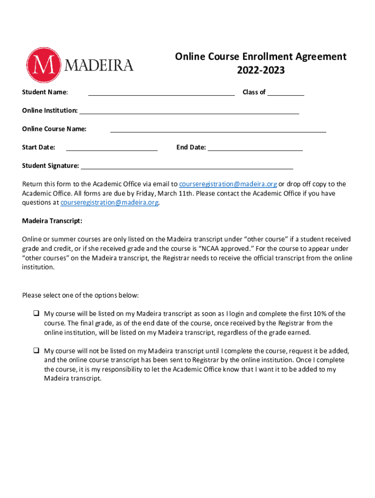 Fillable Online Online Course Enrollment Agreement 2022-2023 - AWS Fax Email Print - pdfFiller