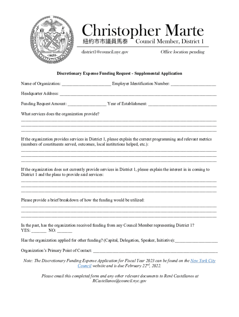 Fillable Online council nyc Discretionary Expense Funding Request - Supplemental Application ...