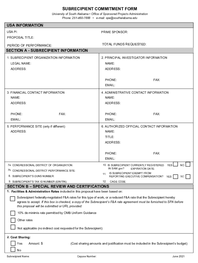 Fillable Online Subrecipient Commitment Form - University of South Alabama Fax Email Print ...
