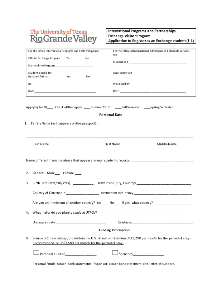 Fillable Online J-1 incoming exchange student application UTRGV.pdf Fax Email Print - pdfFiller